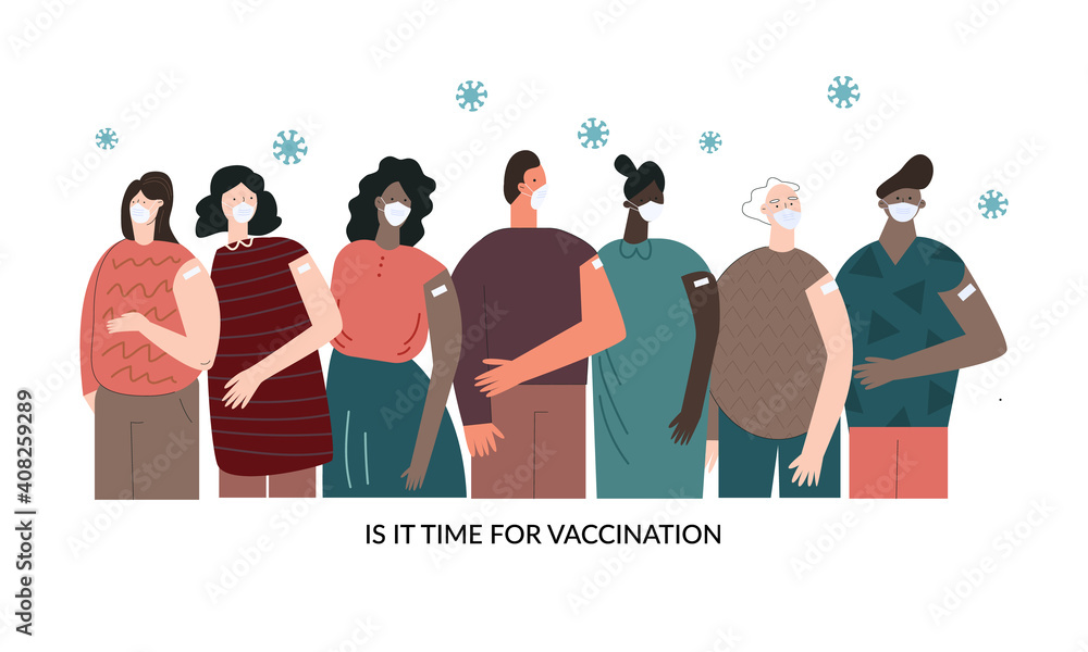 Time for vaccination vector concept. Diverse multicultural people were ...