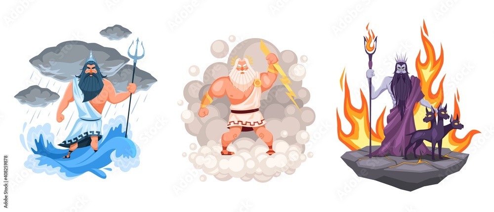 Three main greek gods. Cartoon Zeus, Poseidon and Hades elements ...