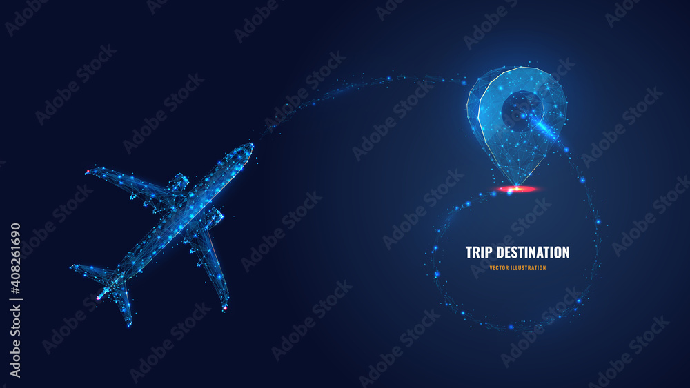 Abstract 3d flying airplane and location pin icon. Trip destination ...