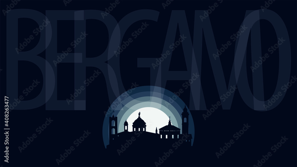 Bergamo skyline on black background with representation of the moon and ...