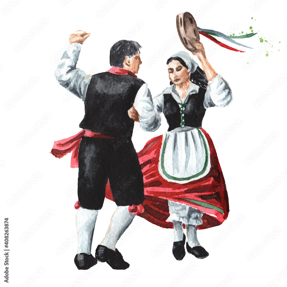 Italian folk dances. A couple of dancers in national costumes. Hand ...