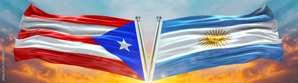 Argentina Flag and Puerto Rico flag waving with texture sky Cloud and ...