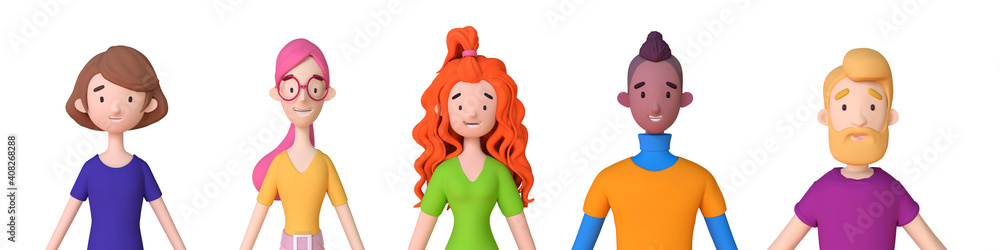 Collection of 3D avatars of young men and women. Group of friendly ...