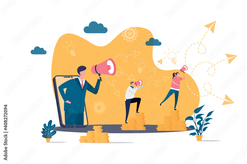 Referral marketing concept in flat style. Marketer announce in megaphone scene. Promoting in ...