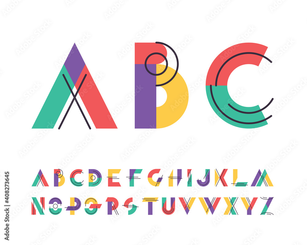 Lines and colorful blocks' latin font, graphical decorative alphabet ...
