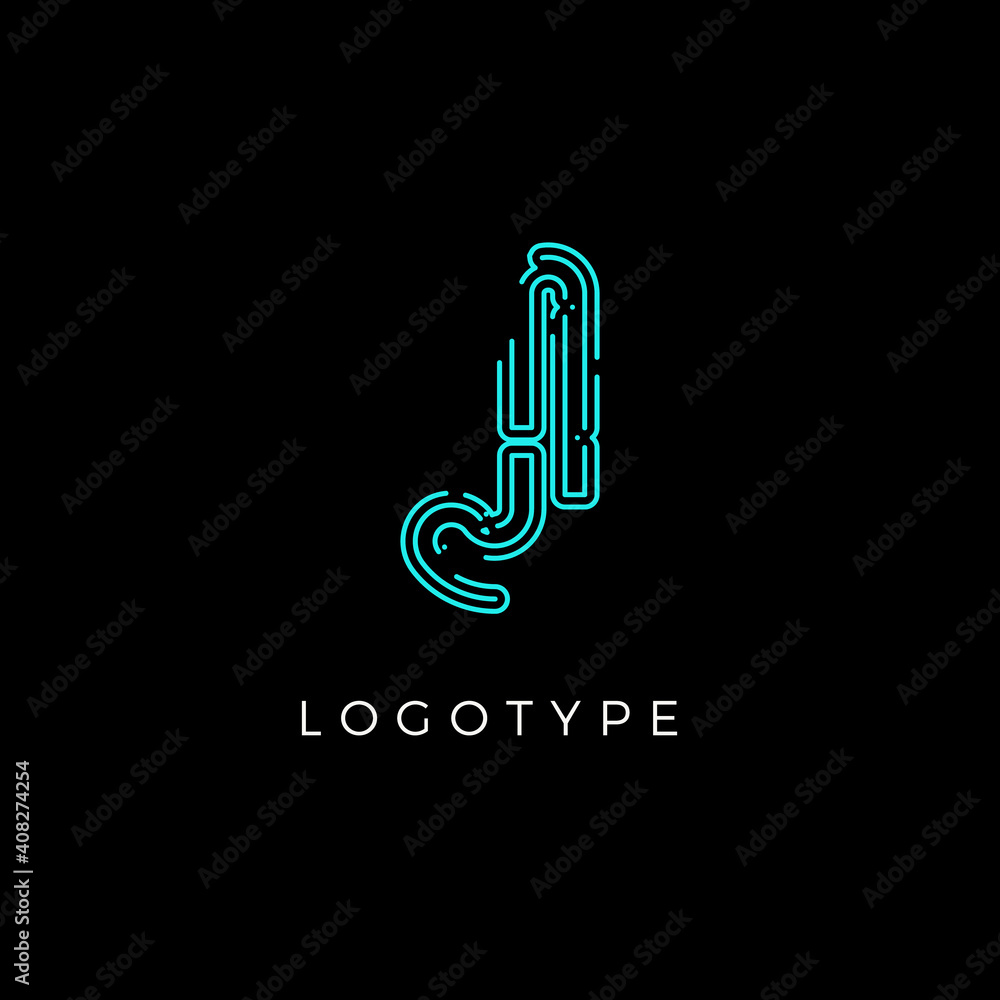 Cyber letter J for digital technology logo concept. Contour circuit ...