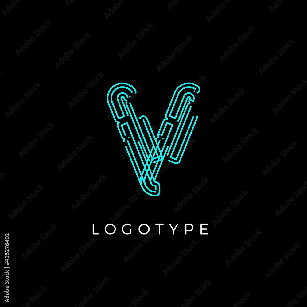 Cyber letter V for digital technology logo concept. Contour circuit ...