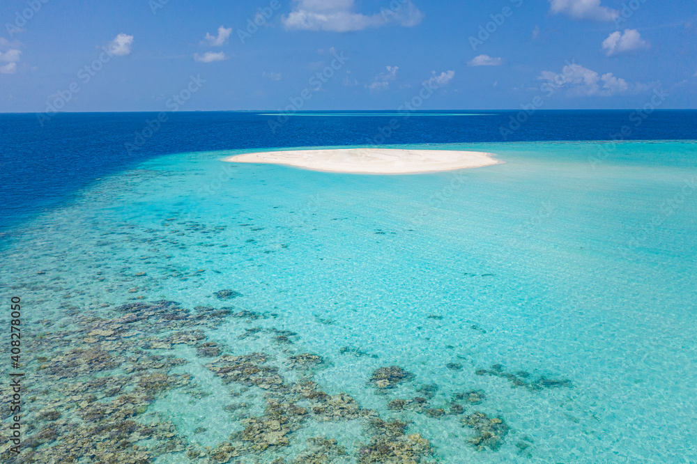 Dream island. Amazing exotic paradise with coral reef and shallow ocean ...