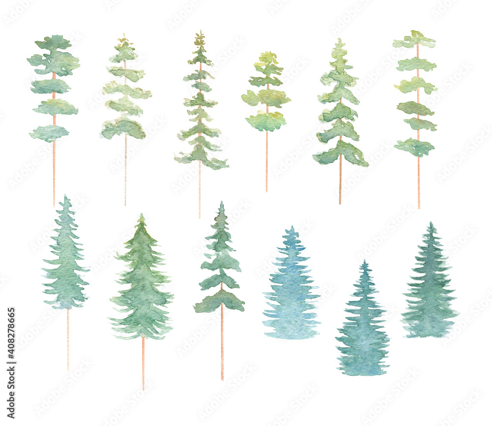 Watercolor abstract pine trees collection isolated on white background ...