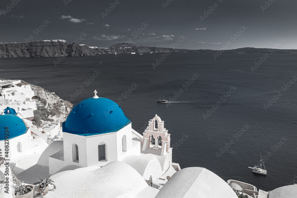 Selective color image, blue color with black and white process. Oia ...