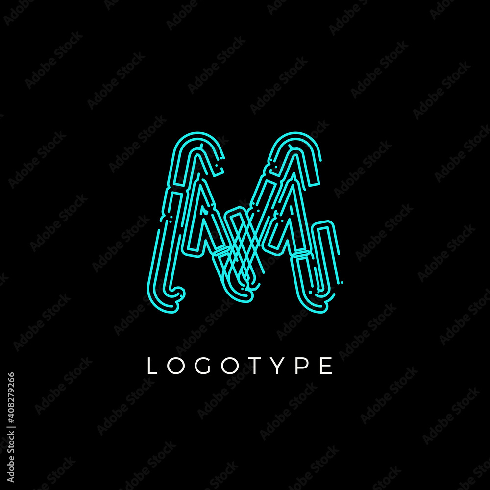 Cyber letter M for digital technology logo concept. Contour circuit ...