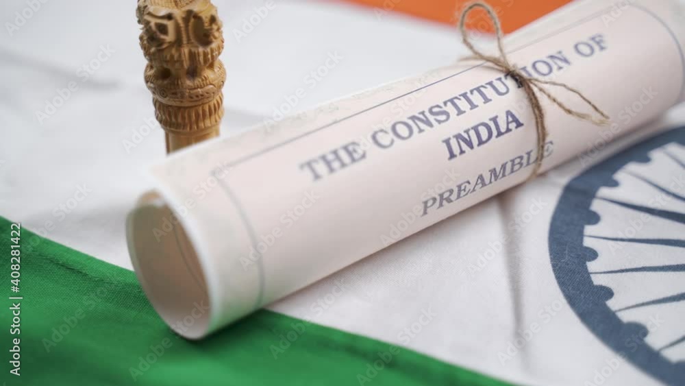 Pan view of Indian constitution or Bharatiya Savidhana preamble placed ...