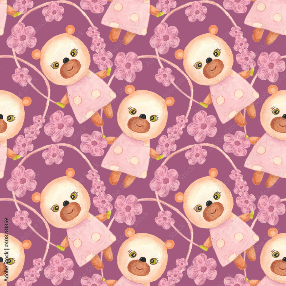 Bear cub and pink flowers. Seamless pattern with purple background. the ...