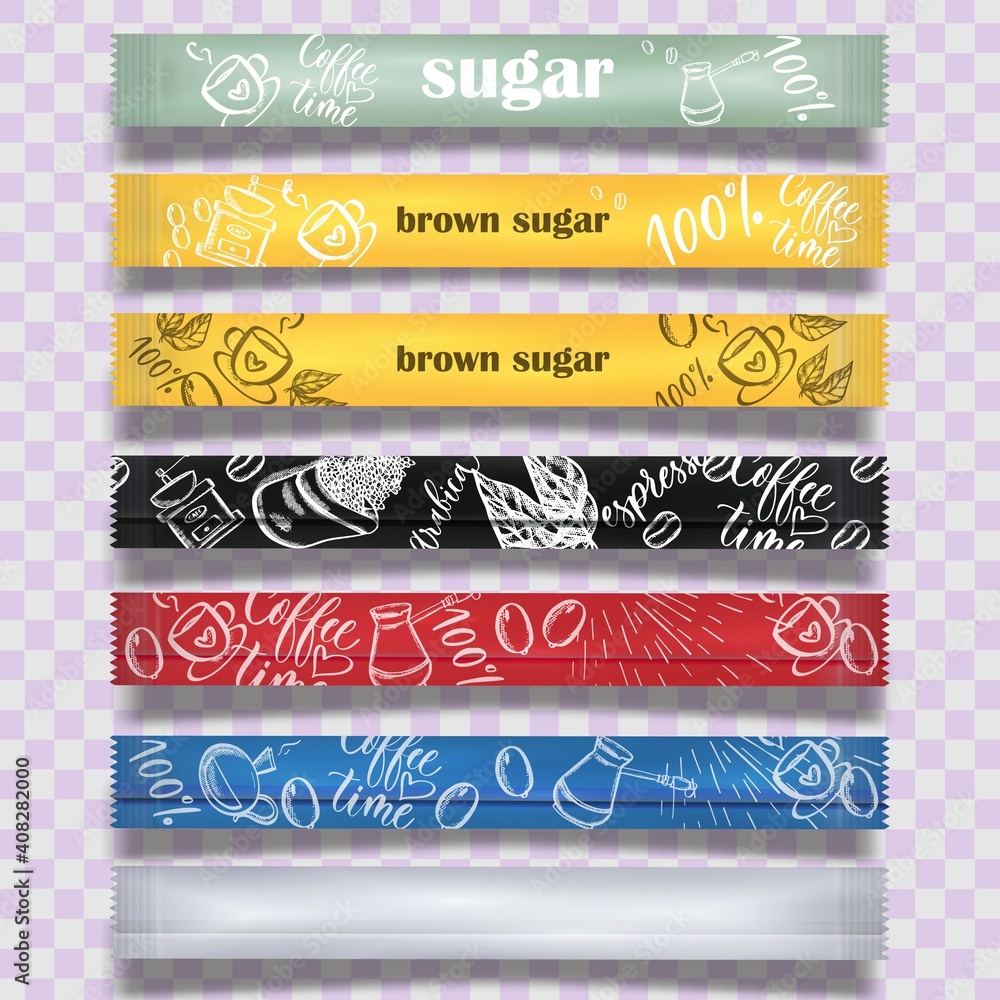 Sugar bag packaging mockup. Vector illustration with design examples in ...