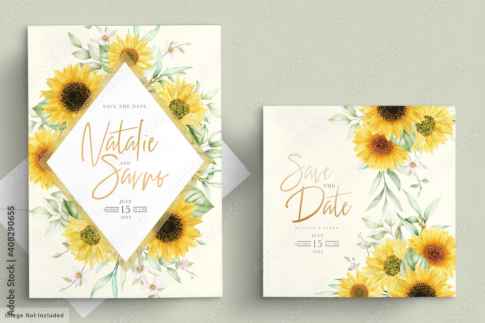 watercolor sunflower invitation card set Stock Vector | Adobe Stock