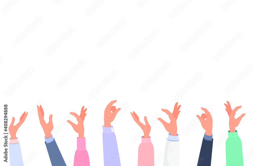 Hands of different people, male, female, in clothes, hold up, fingers ...