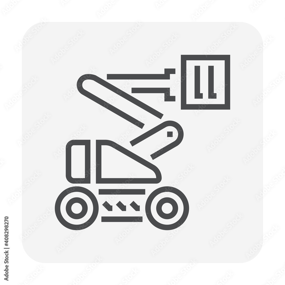 Straight or telescopic boom lift vector icon. Aerial work platform or ...