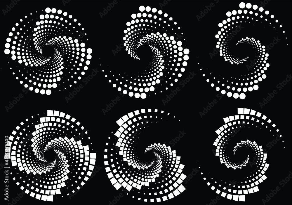 Dotted, dots, speckles abstract concentric circle. Spiral, swirl, twirl element.Circular and ...