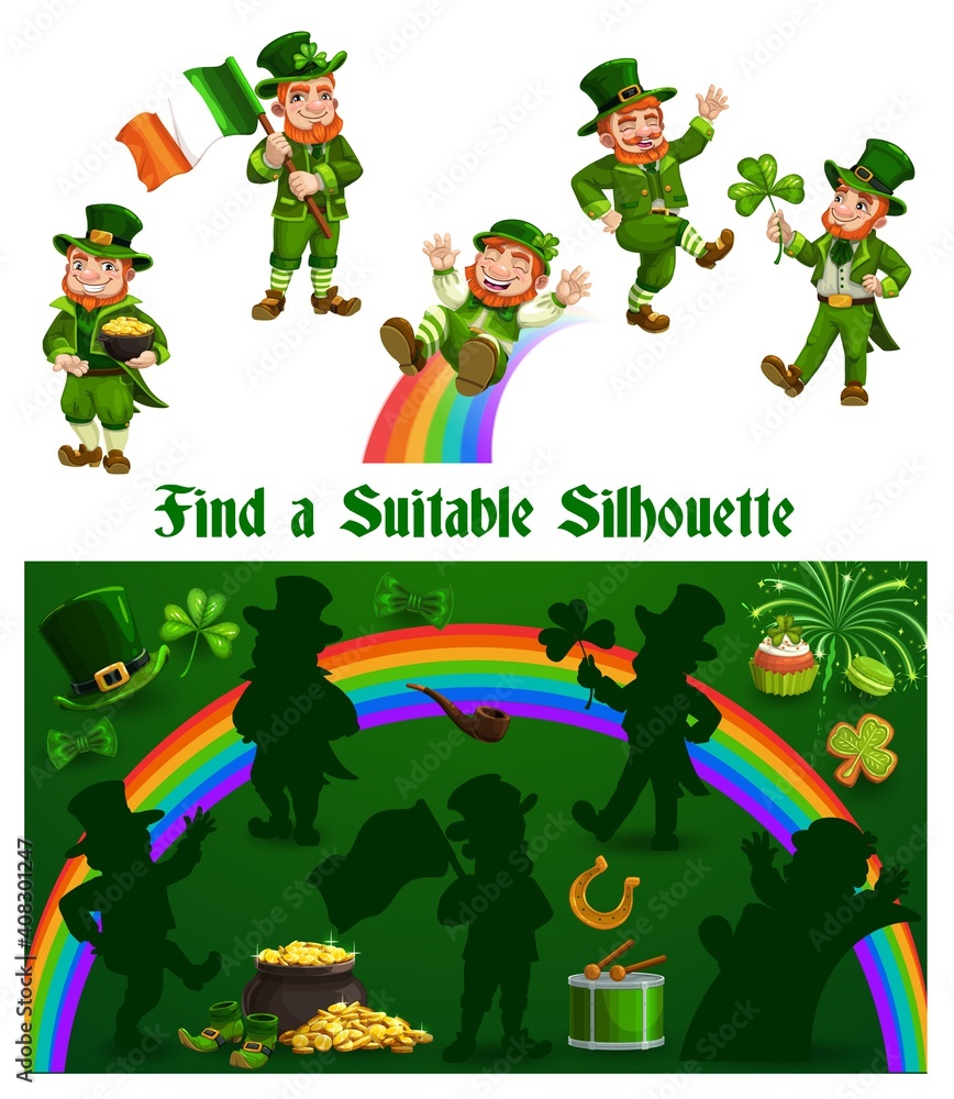Kids Game Shadow Match With Funny Leprechauns Children Logic Activity