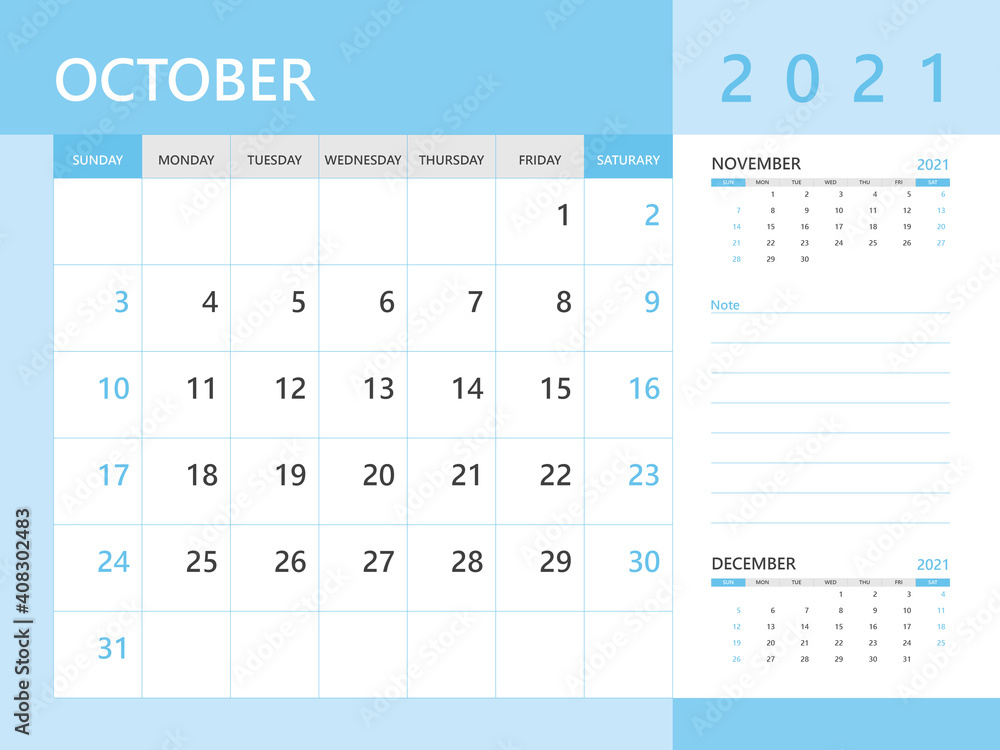 Calendar 2021 template, October 2021 year, desk calendar 2021 layout ...