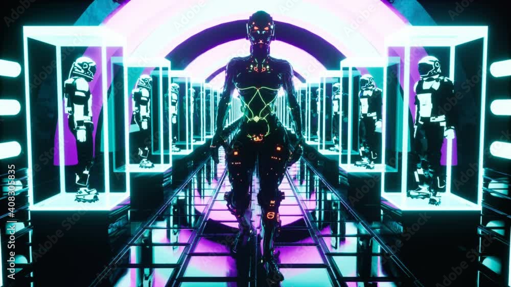 A glowing alien walks along a neon corridor with astronauts sitting in ...