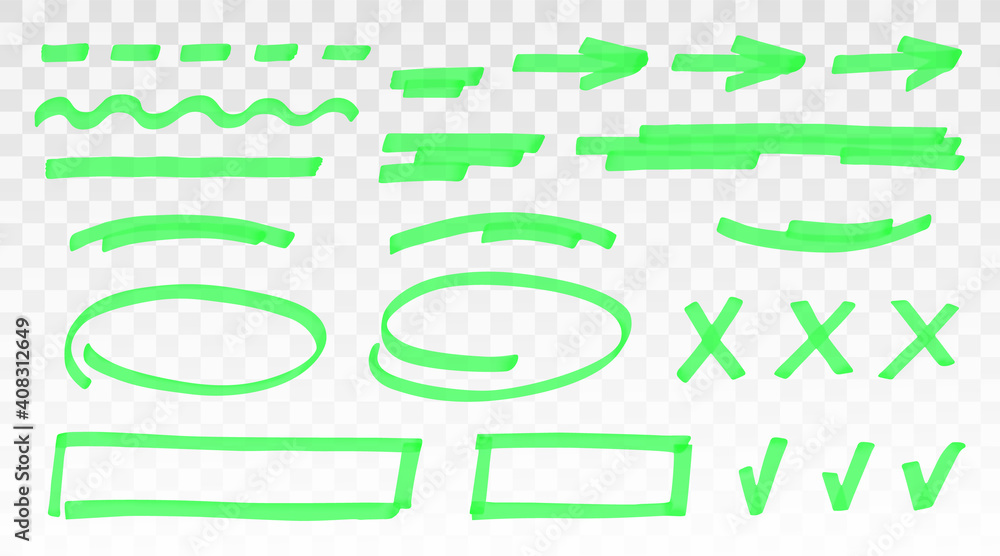 Green highlighter set - lines, arrows, crosses, check, oval, rectangle ...