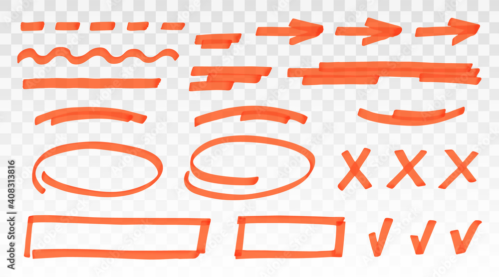 Orange highlighter set - lines, arrows, crosses, check, oval, rectangle ...