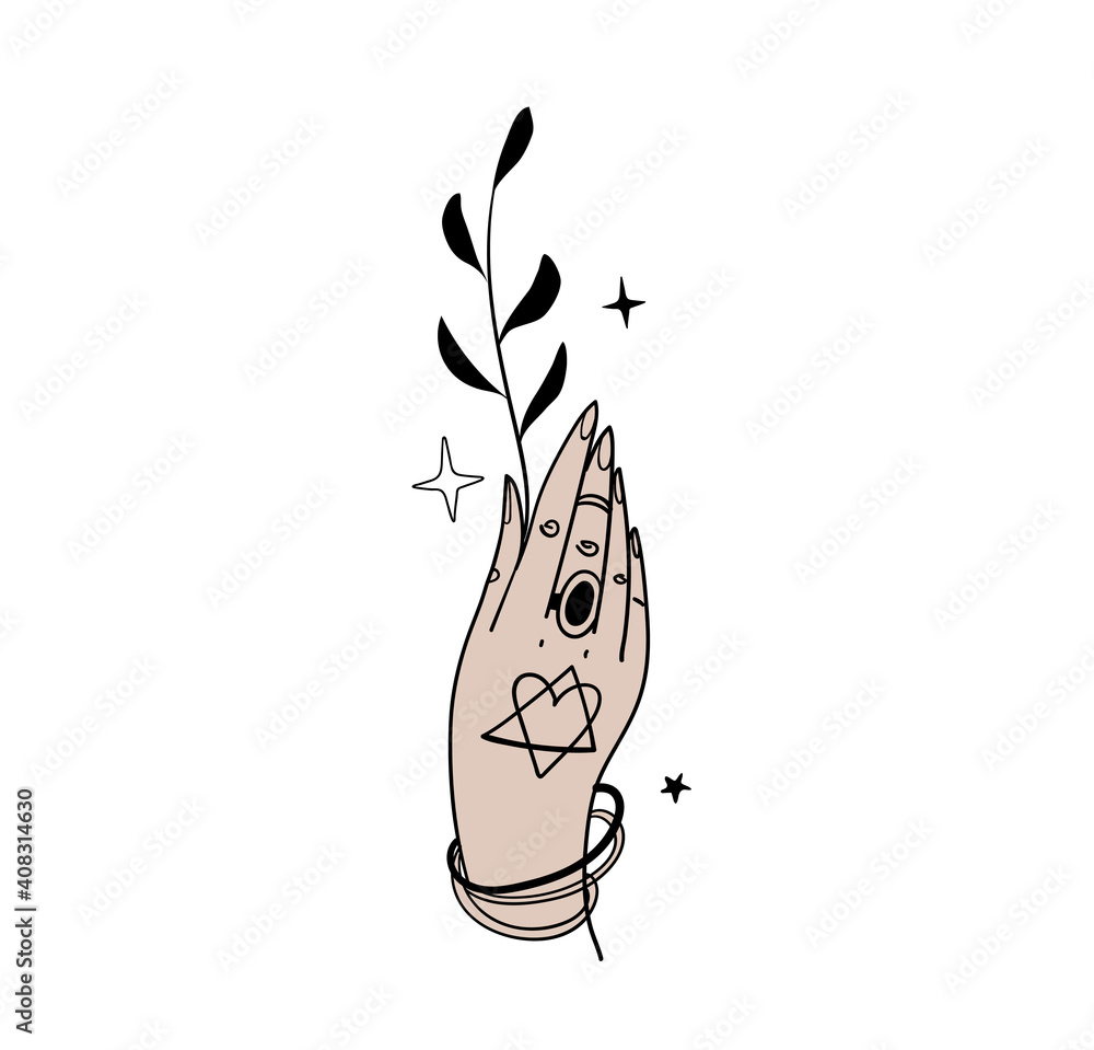 Witch hand with plant, magical tattoo in boho design, witchcraft for ...