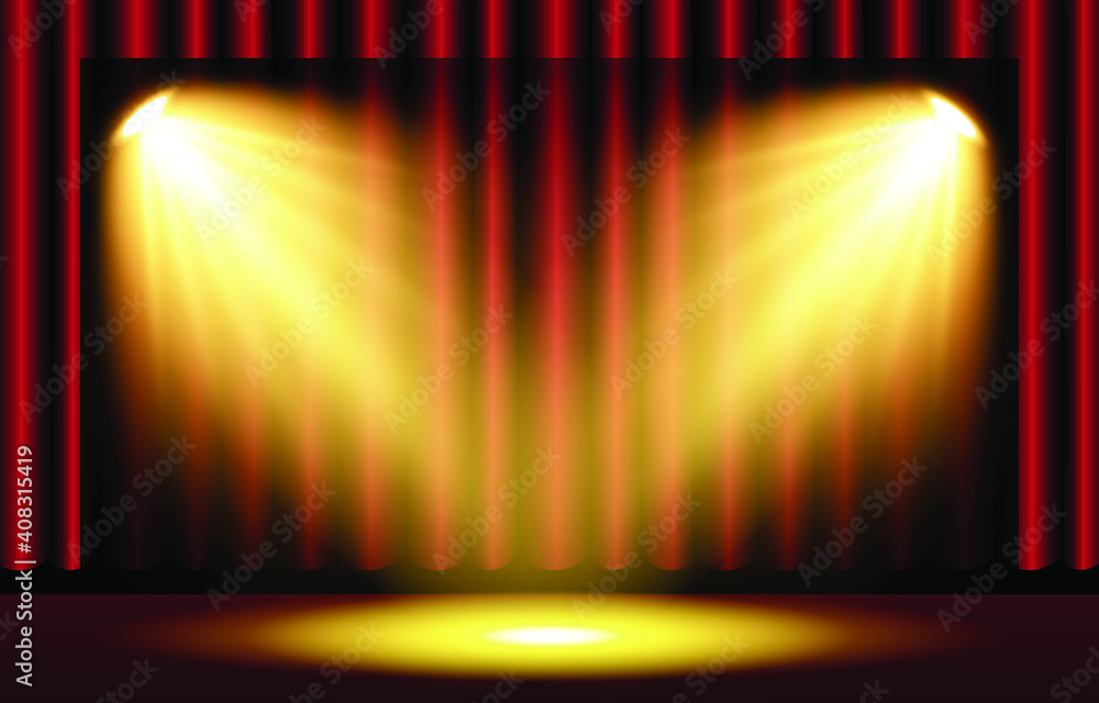 The stage has a red curtain and three color spotlights. Circus or ...