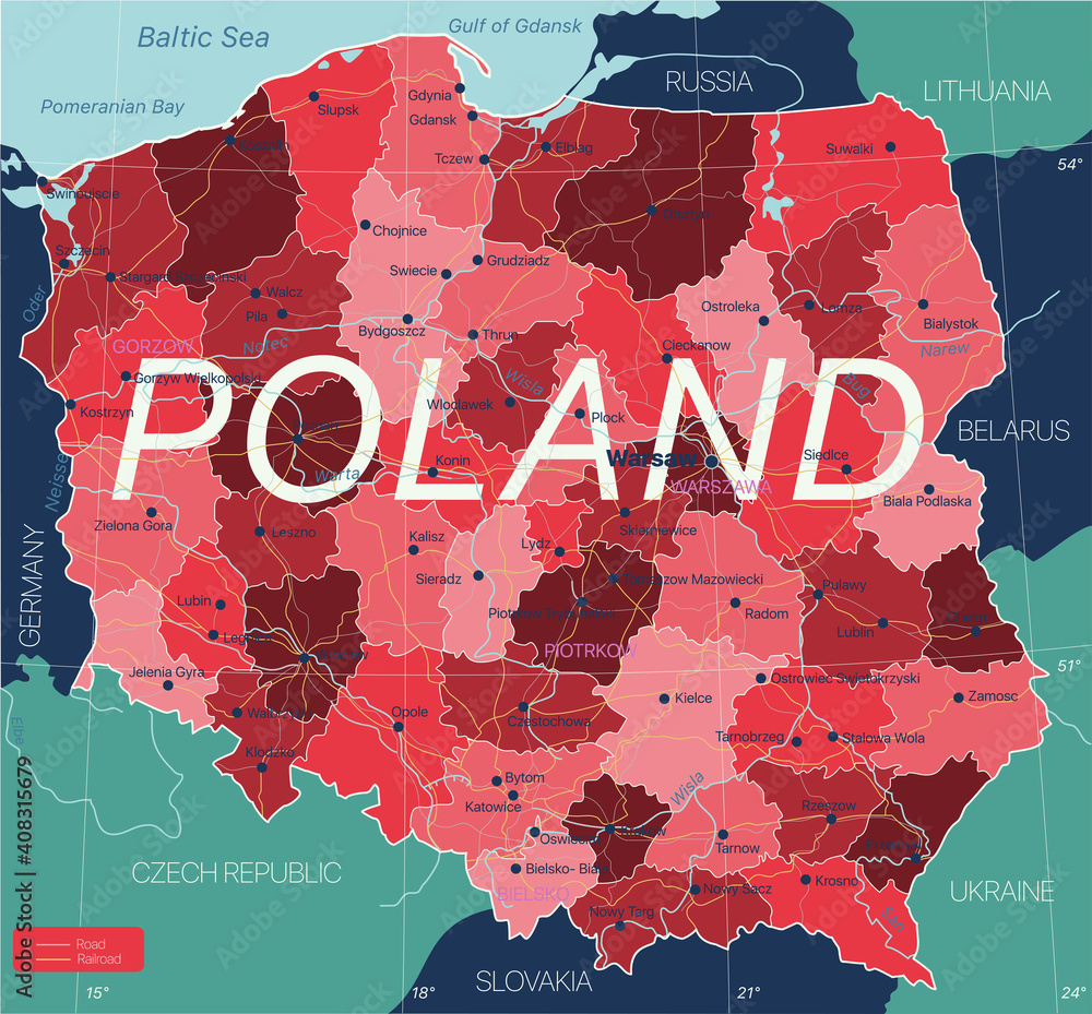 Poland country detailed editable map with regions cities and towns ...