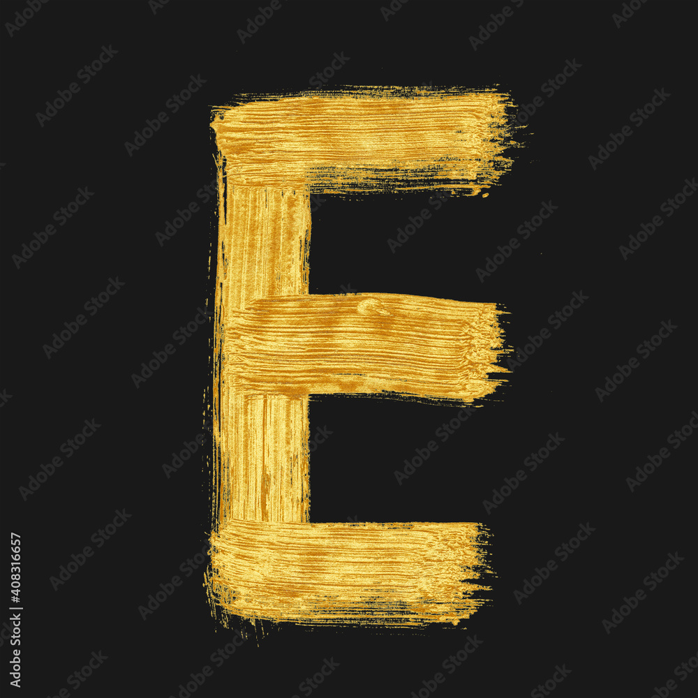 Hand drawn golden alphabet letter E. Letter drawn with dry brush. Hand ...