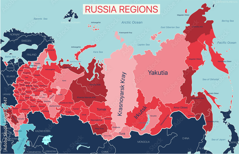 Russian regions editable map with regions. Vector EPS-10 file Stock ...