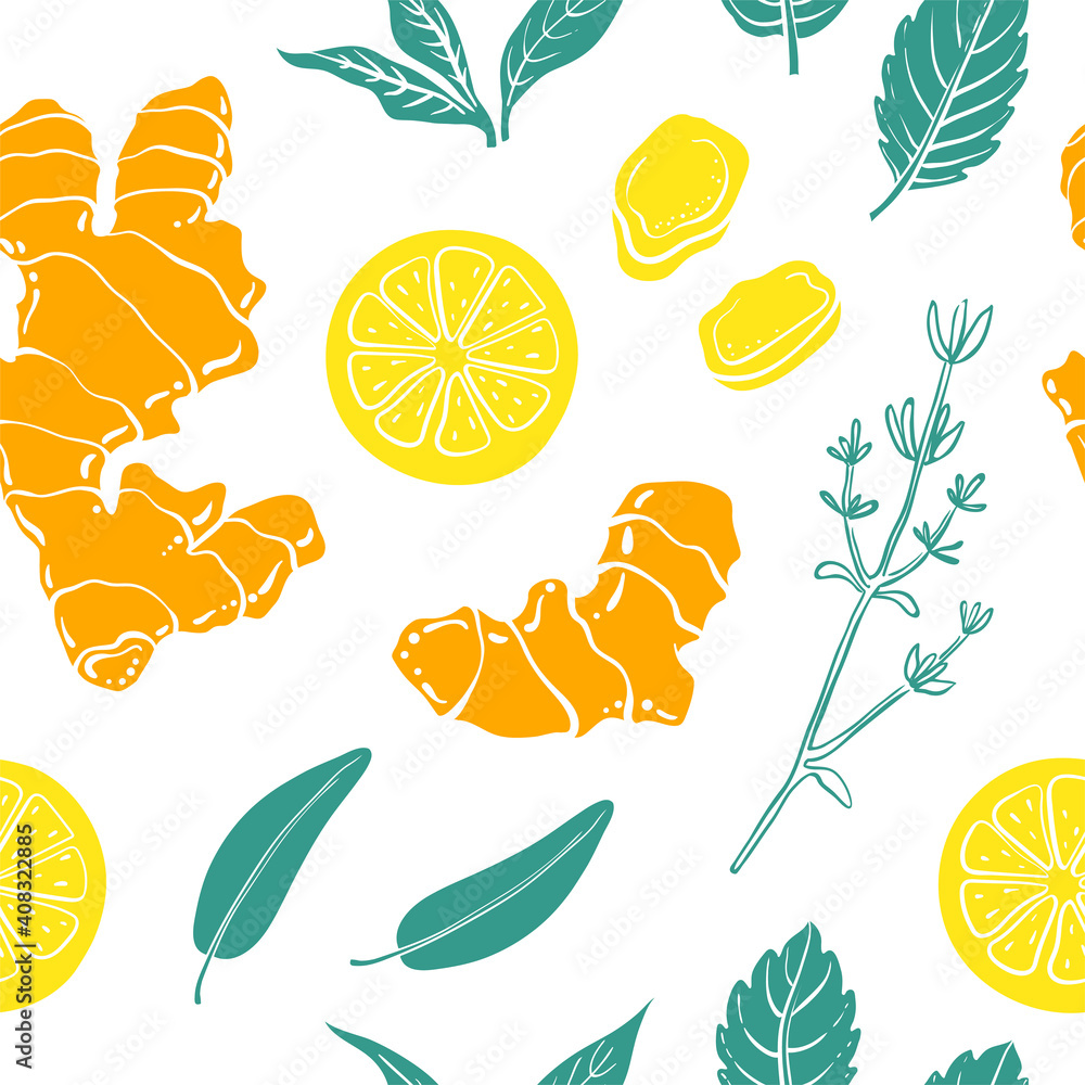 Seamless pattern with ginger, curcuma, lemon, mint, thyme. Colorful ...