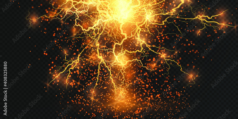 Lightning flash light thunder sparks on a transparent background.Fire ...