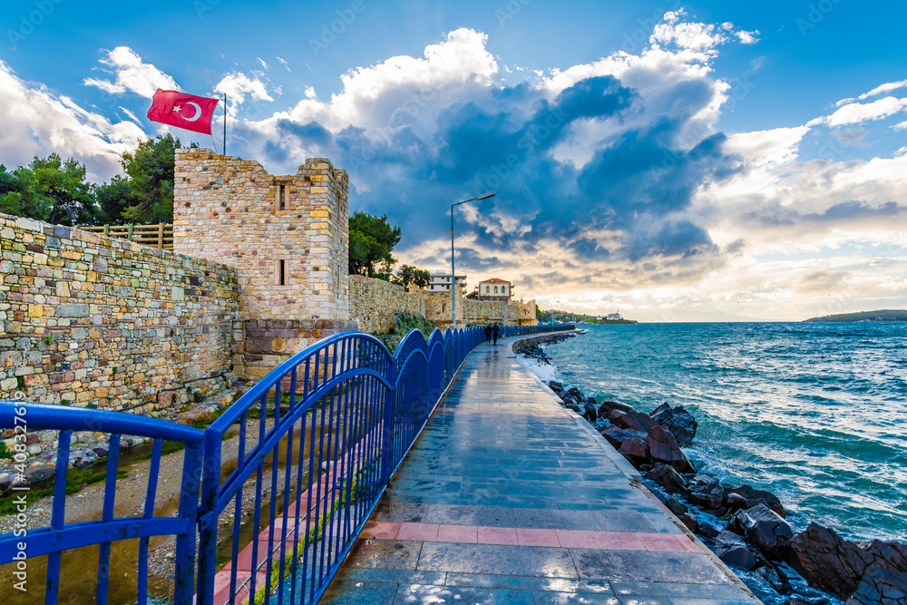 Foca Castle view in Foca Town. Foca is populer tourist destination in ...