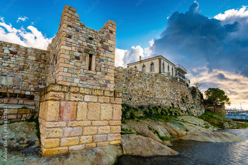 Foca Castle view in Foca Town. Foca is populer tourist destination in ...