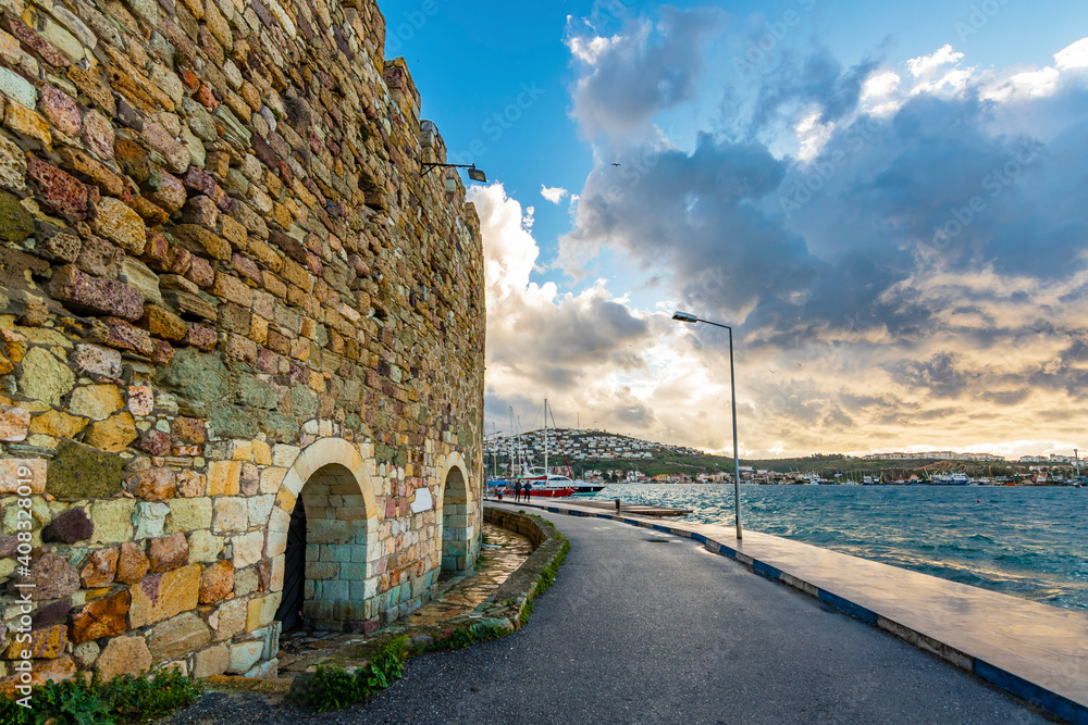 Foca Castle view in Foca Town. Foca is populer tourist destination in ...
