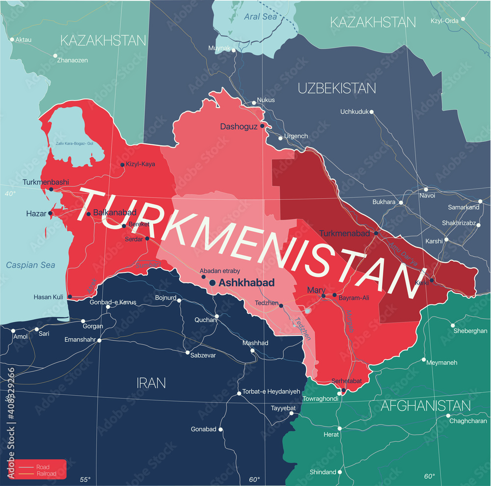 Turkmenistan country detailed editable map with regions cities and ...