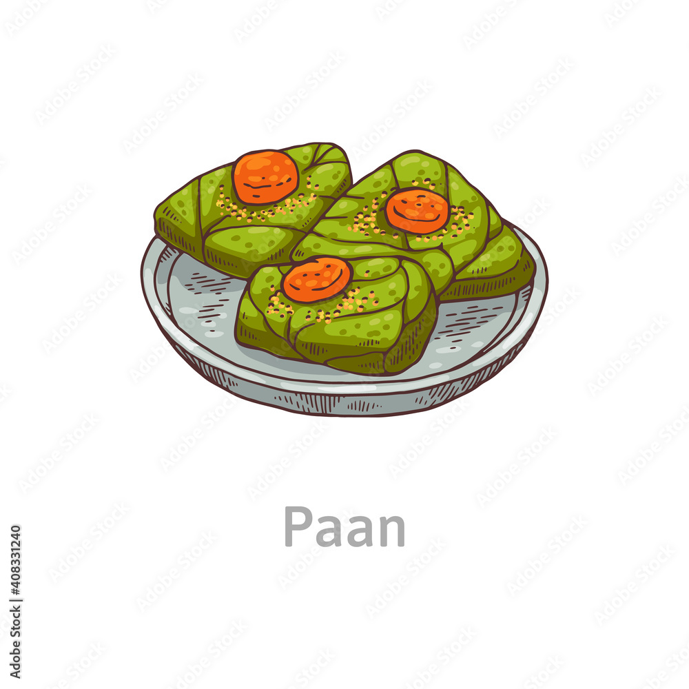 Asian or Indian dish Paan, hand drawn cartoon vector illustration ...