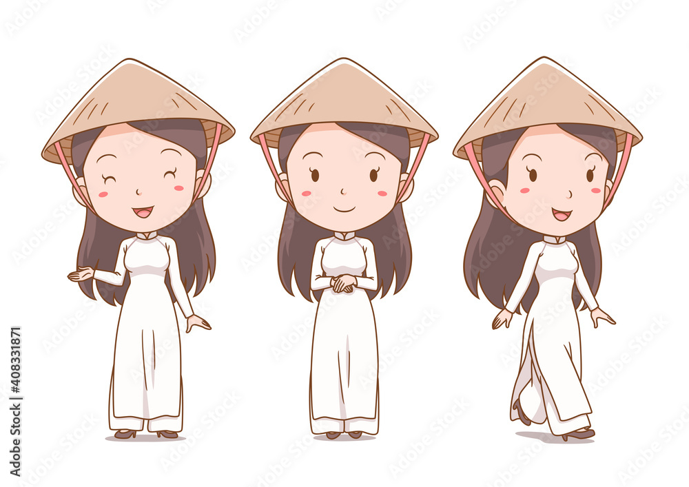 Set of cartoon Vietnamese girl in traditional costume. Stock Vector ...