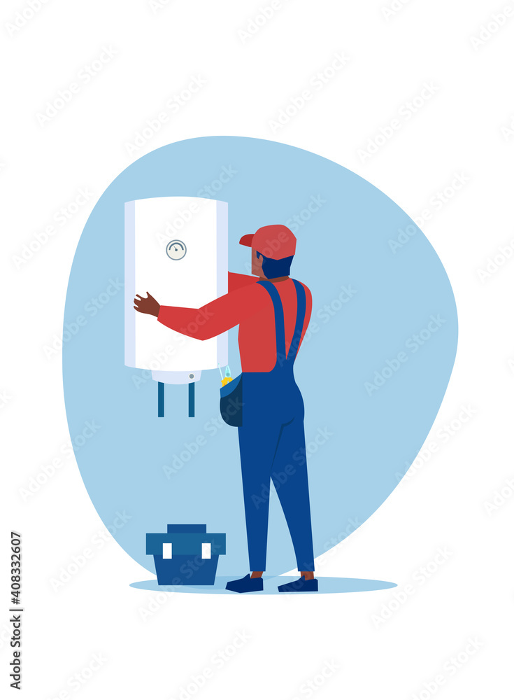 Vector of a professional plumber man installing a water heater Stock ...