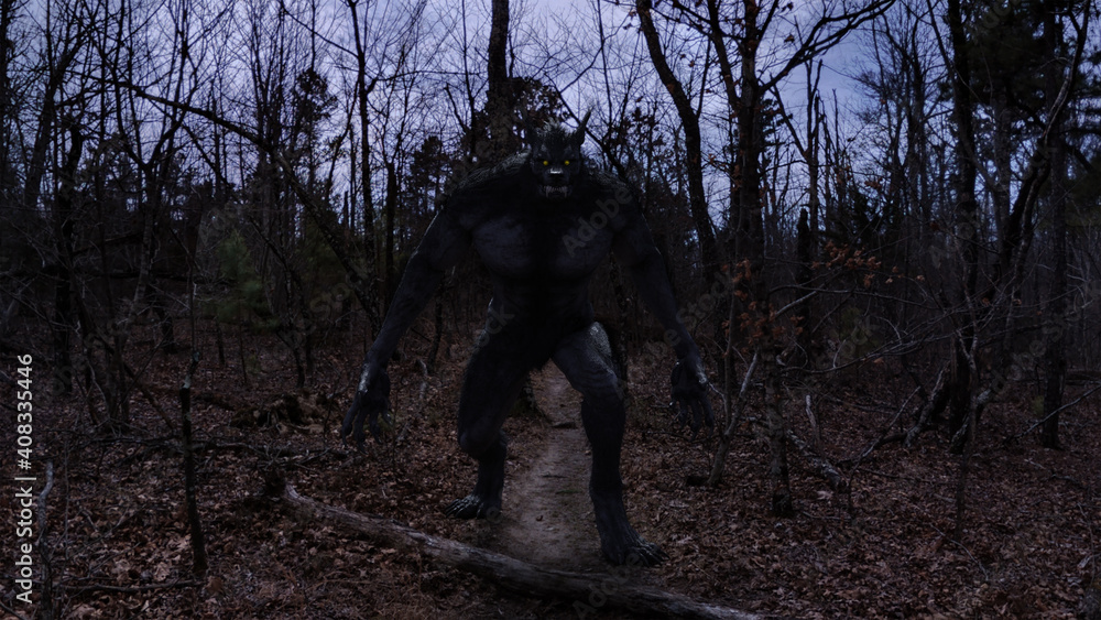 3d illustration of a Werewolf Dogman Bipedal Canine Cryptid in a forest ...