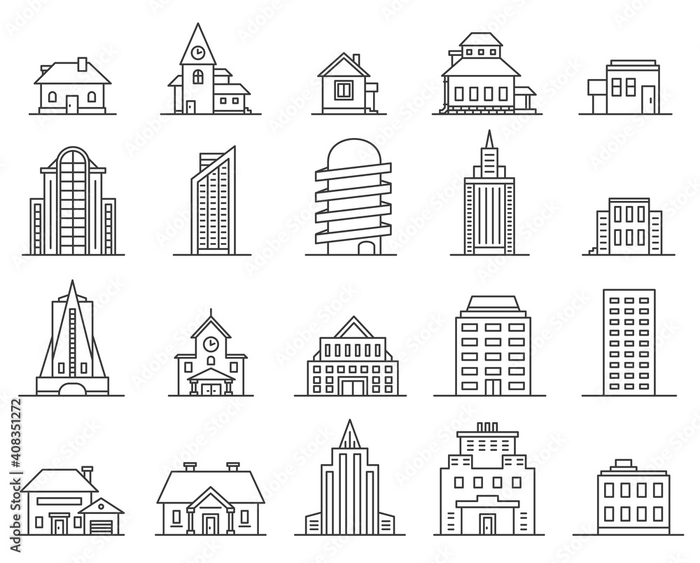 Line skyscrapers and houses. Outline city and town building. Real ...