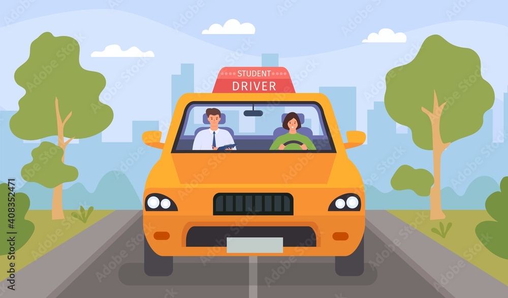 Driving school lesson. Cartoon instructor and female student drive car ...