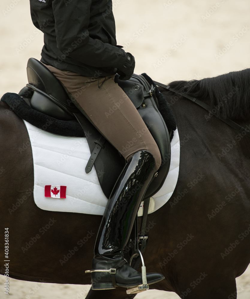 female Canadian equestrian rider competing at dressage horse show with ...