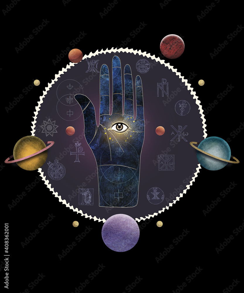 Palmistry. A hand with magic symbols on a purple background ...