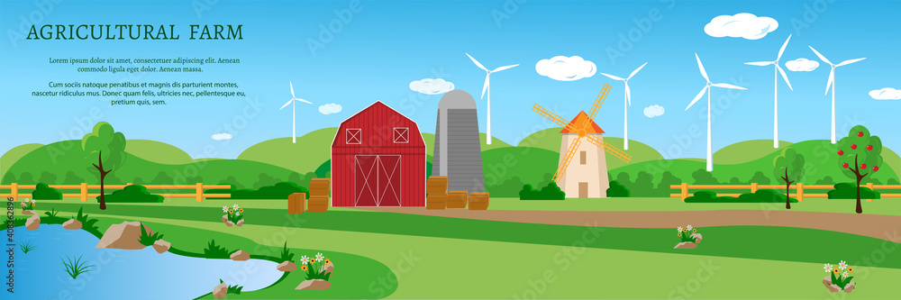 Banner design Agricultural farm on the background of the landscape and ...