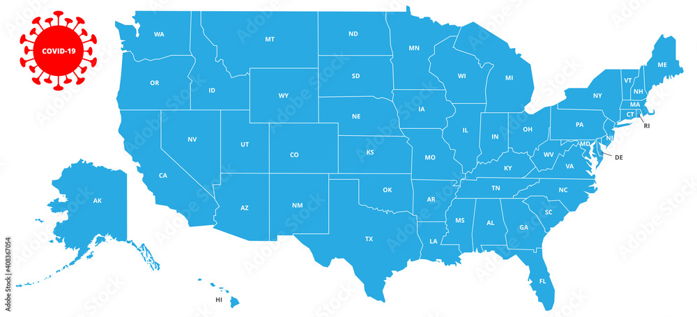 Vector illustration of coronavirus in the USA. USA map with covid-19 ...