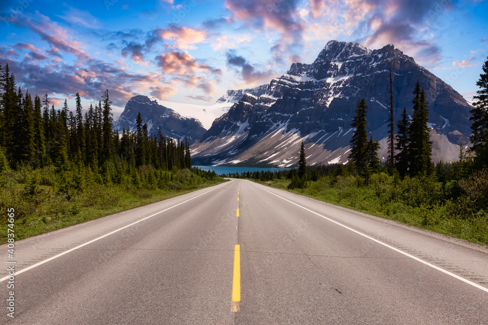 Scenic road in the Canadian Rockies. Dramatic Colorful Sunset Sky Art ...