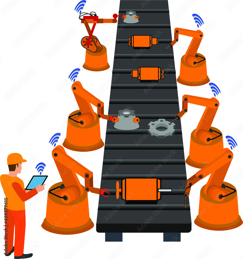 Automated factory assembly line with robotic arm and conveyor belt ...